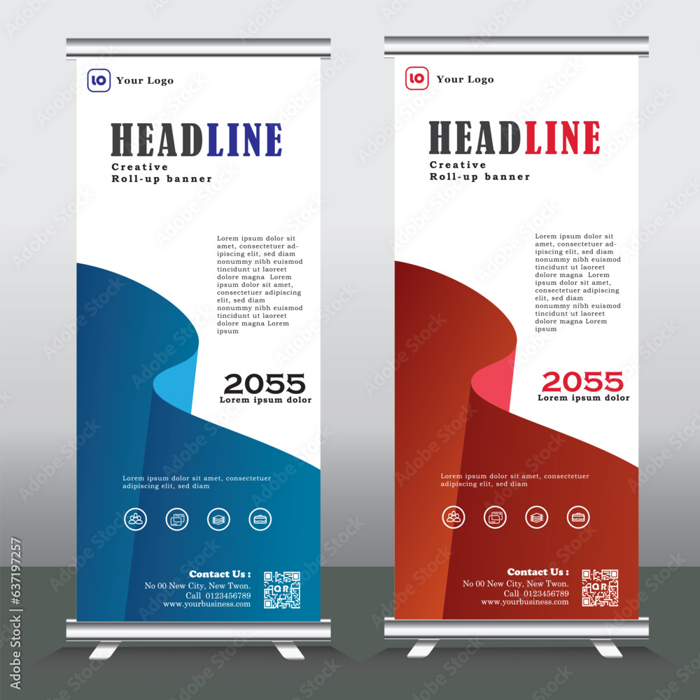 roll up banner design and vector template. blue and red color, standee ...