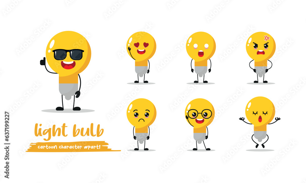 cute light bulb cartoon with many expressions. lamp different activity ...