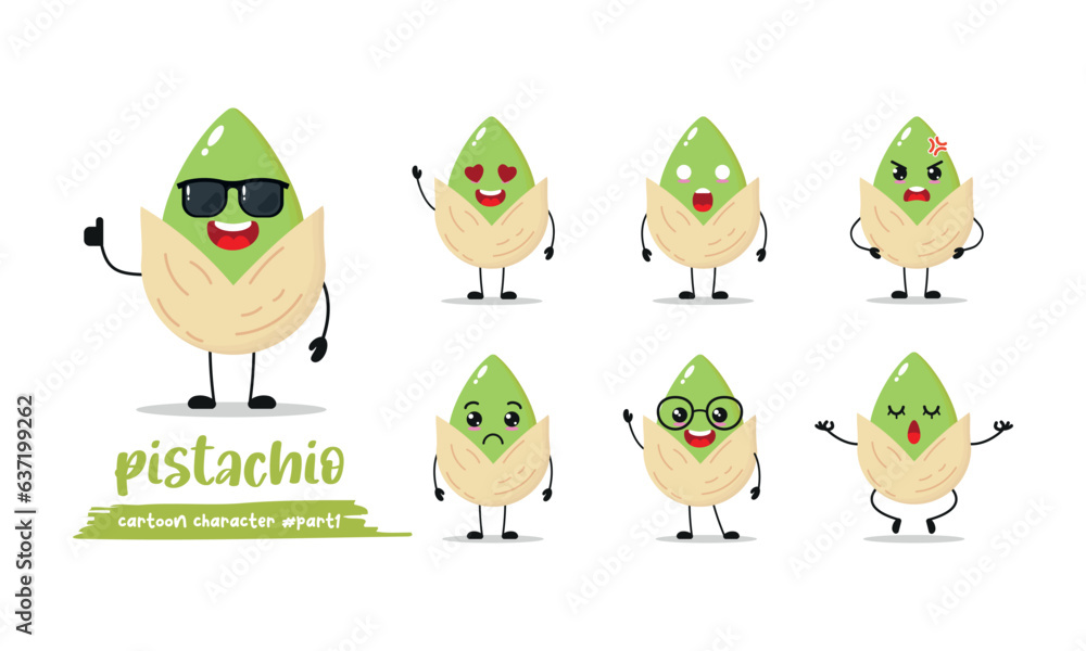 cute pistachio cartoon with many expressions. nut different activity ...