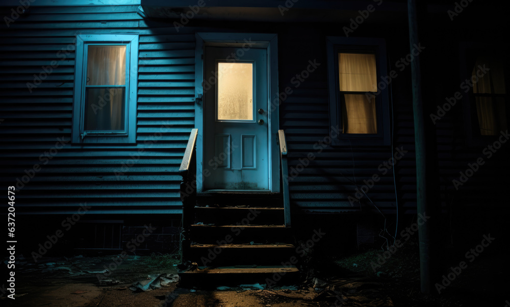 altes Holzhaus im Dunkeln mit Licht, gruselig Halloween, old wooden ...