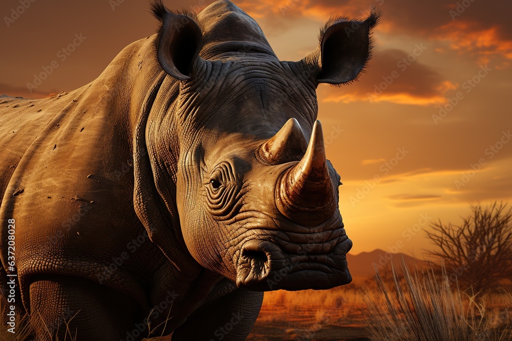 Rhino's Grandeur: A rhinoceros, horned and majestic, traversing the ...