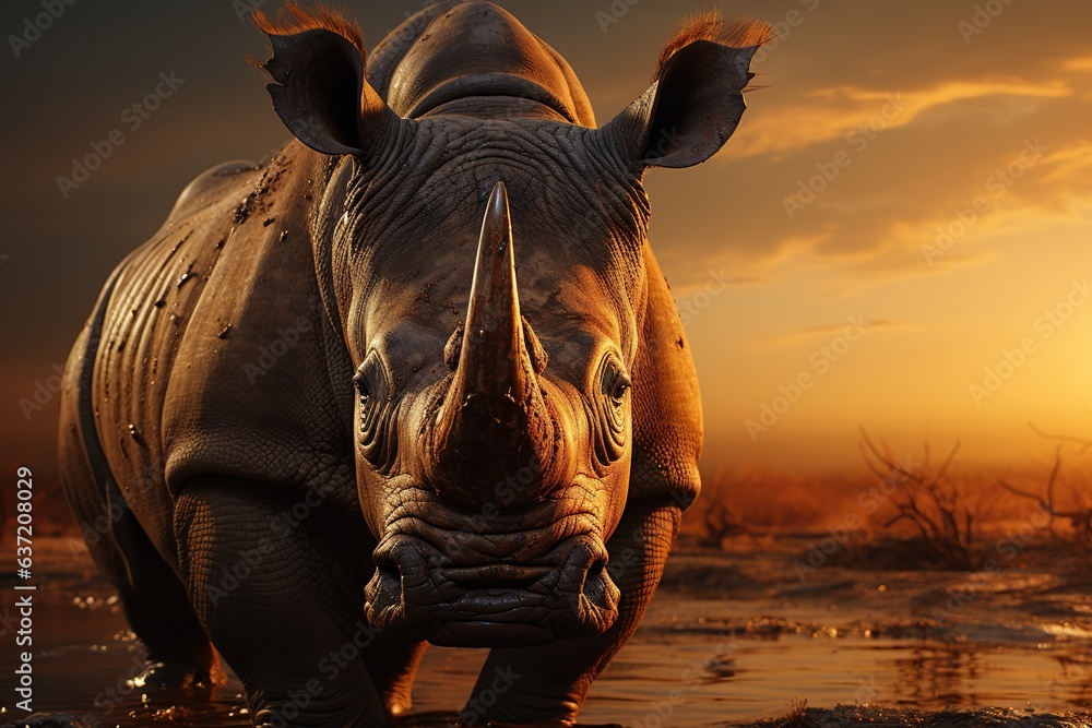 Rhino's Grandeur: A rhinoceros, horned and majestic, traversing the ...