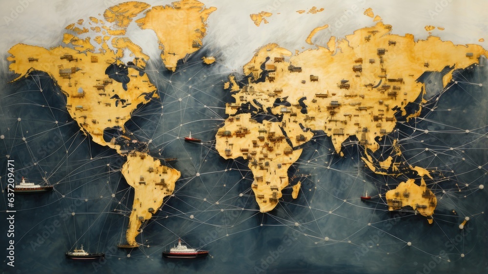 A world map with cargo ships and planes traversing global routes ...