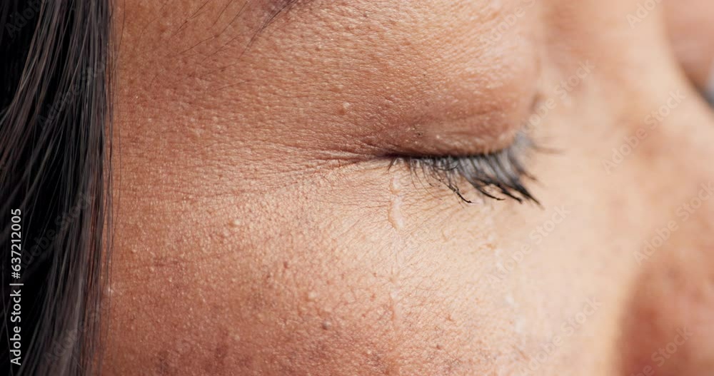 Crying, eyes and sad woman closeup with depression, mistake or mental ...