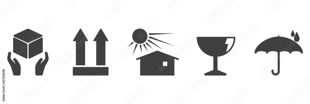 Simple set Fragile package signs icons set vector symbols, handle with ...