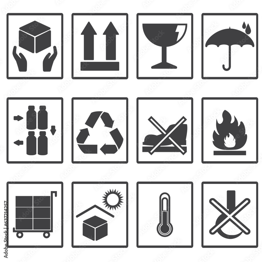Icon set of Fragile package, handle with care logistics and delivery ...