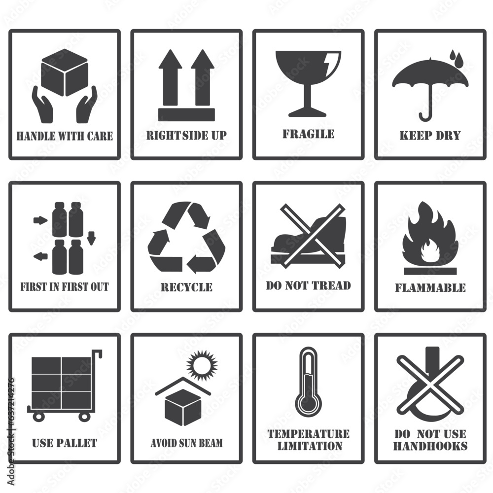 Set of packaging products design symbol, Fragile Packing and Shipping ...