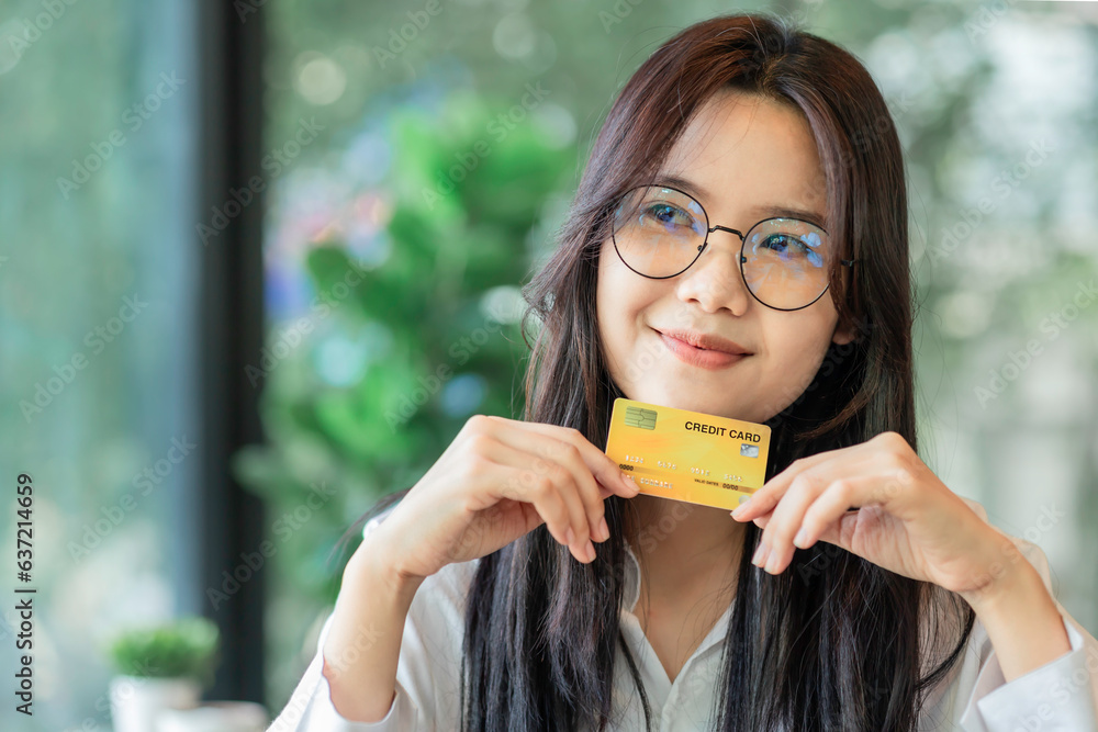 Portrait of Young Asian beautiful woman bank client customer showing ...