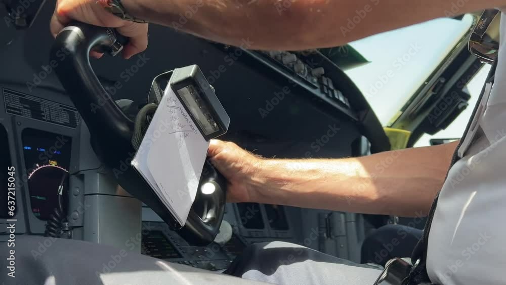 Close up view inside a modern jet cockpit of a pilot checking the ...