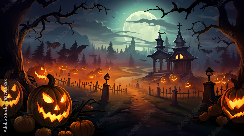 Halloween background with scary pumpkins and scary forest.Halloween ...