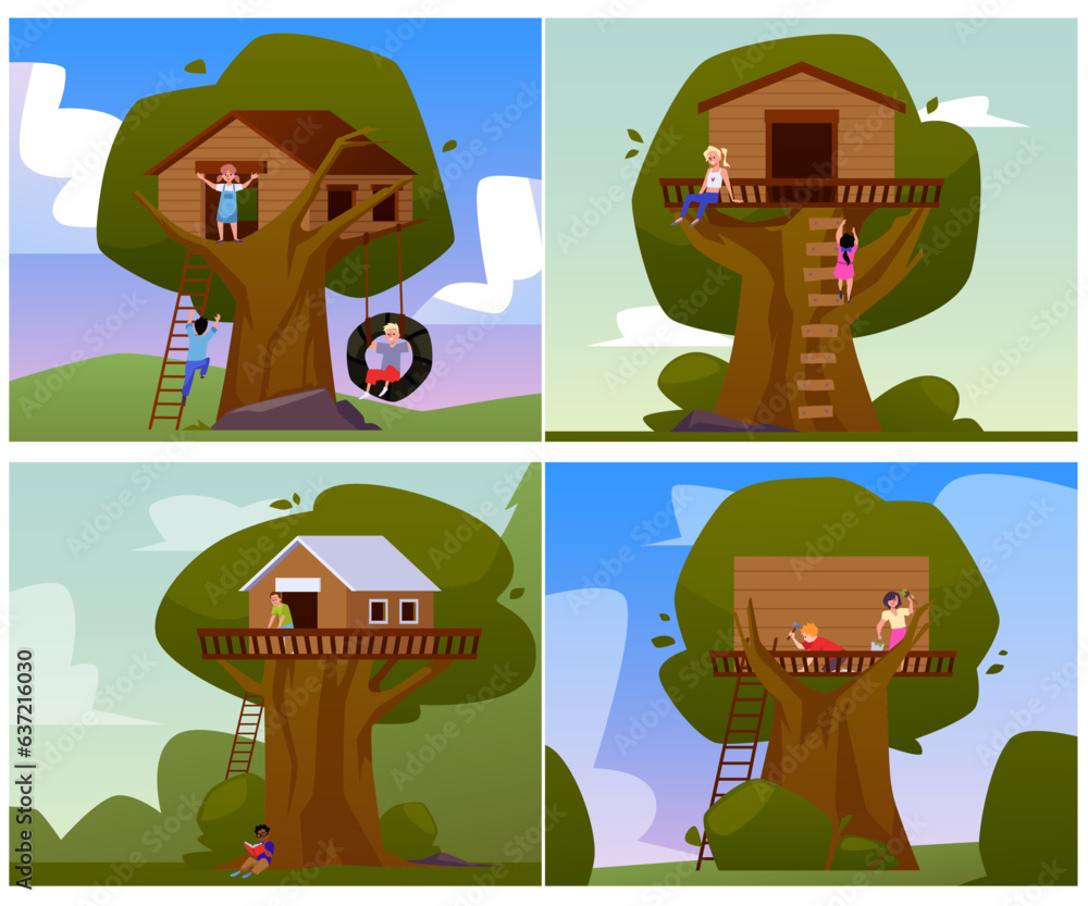 Tree house construction vector illustrations set, wooden lodge for kids ...