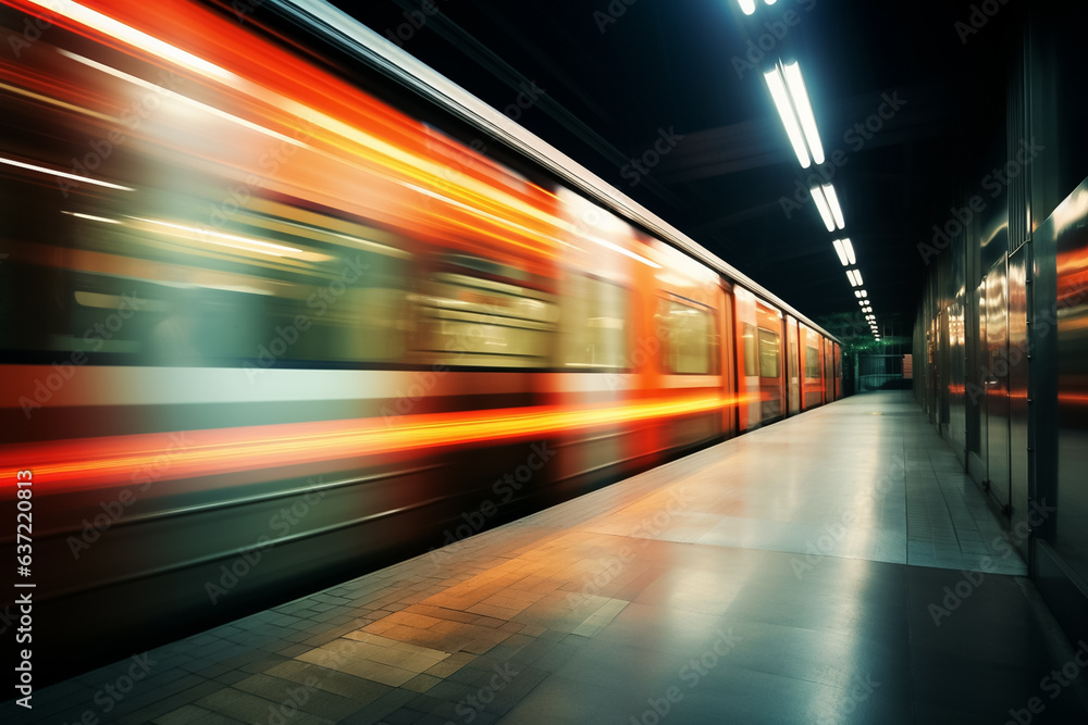 High speed train in motion on the railway station, Railroad with motion ...