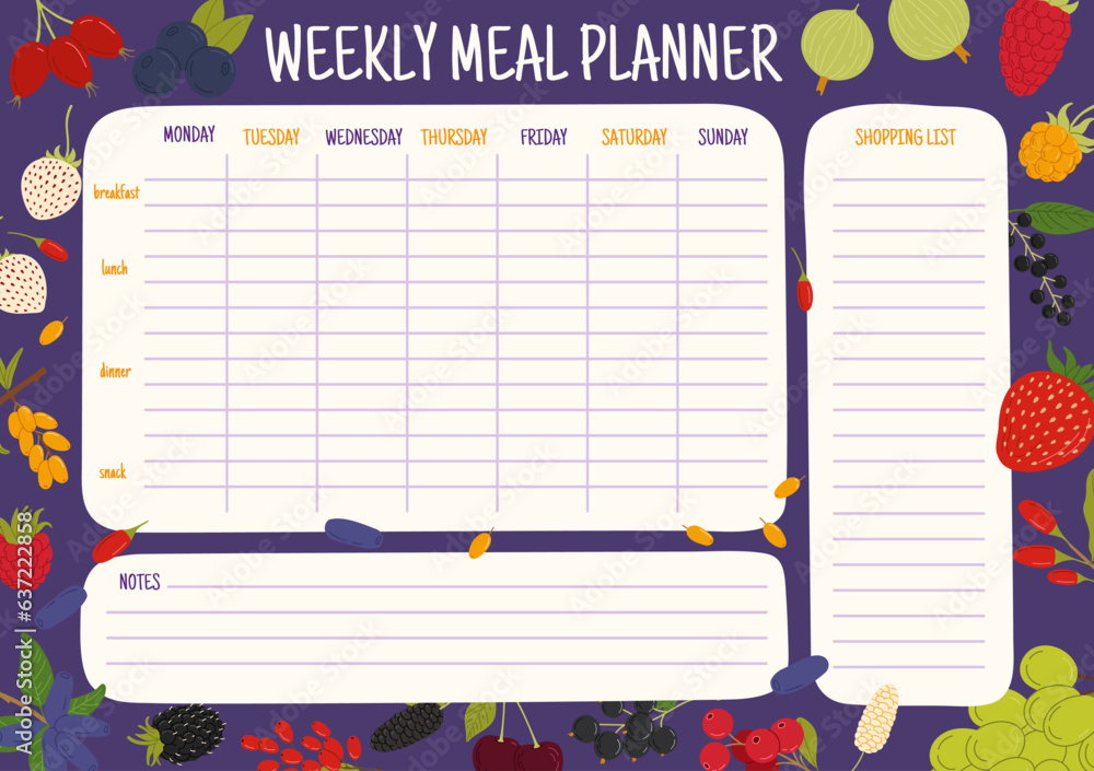 Weekly meal planner. Forest and garden berries. Vector food plan for ...