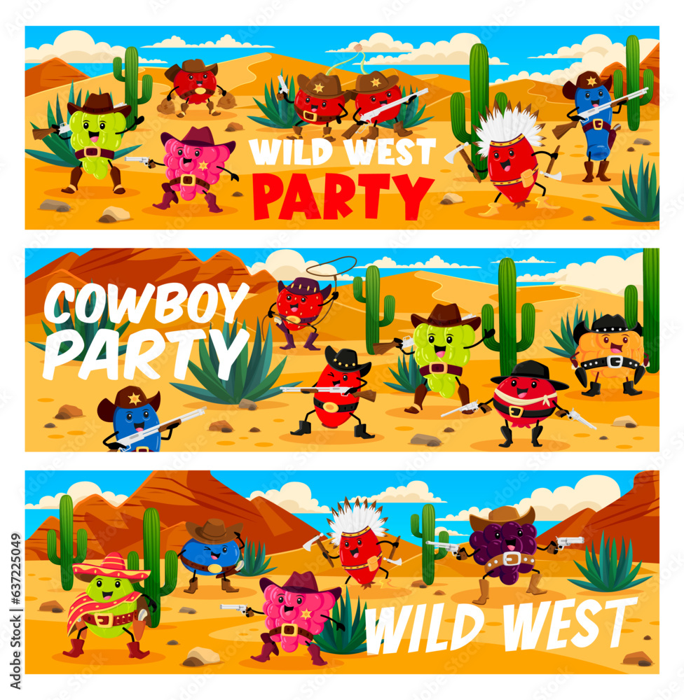 Wild West desert, cartoon western berry cowboy, sheriff, ranger and ...