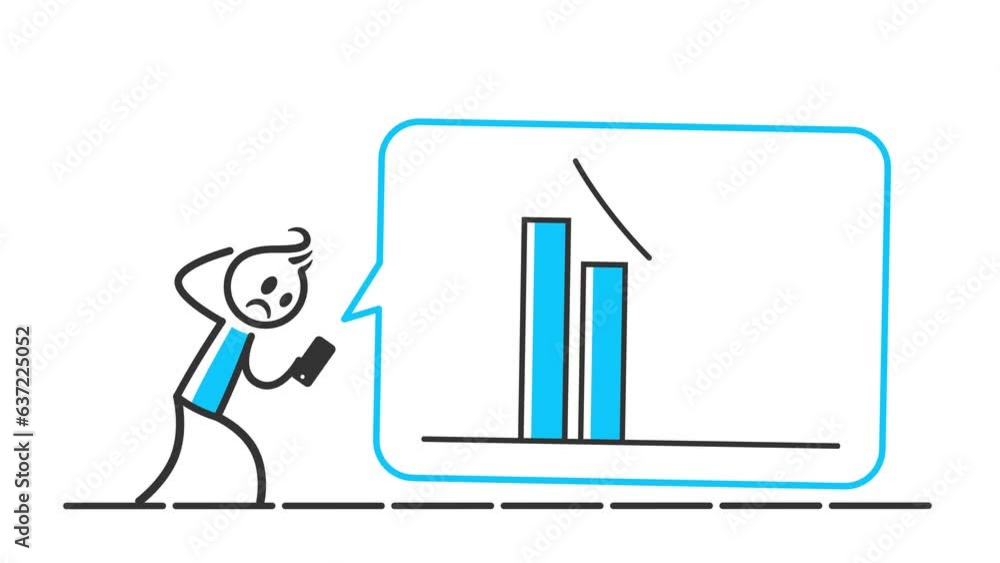 Animation of a stick figure man watching smart phone with bar chart ...