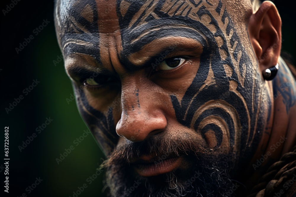 a Maori haka performer from New Zealand, his face intensely painted ...