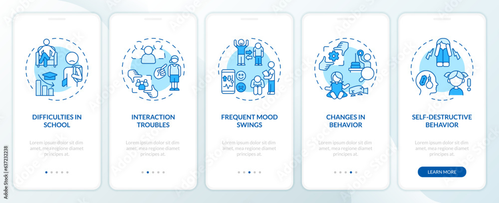 2D icons representing behavioral therapy mobile app screen set ...