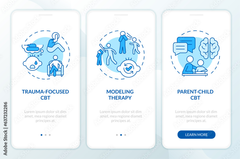 2D icons representing behavioral therapy mobile app screen set ...