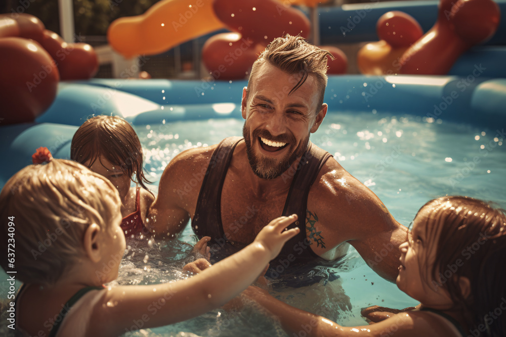 Family of four having fun in water park, a father and three young ...
