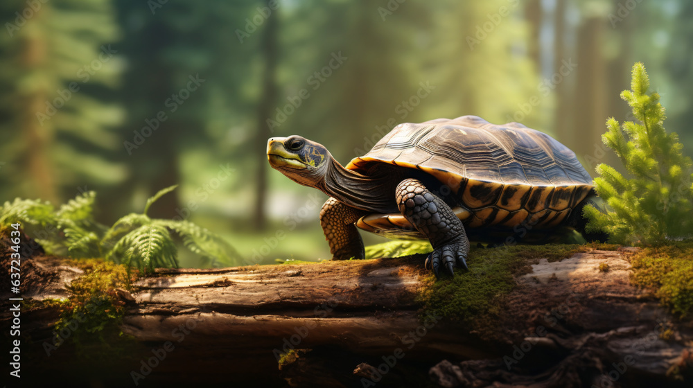 Wildlife turtle on top of a log with forest background Stock Photo ...