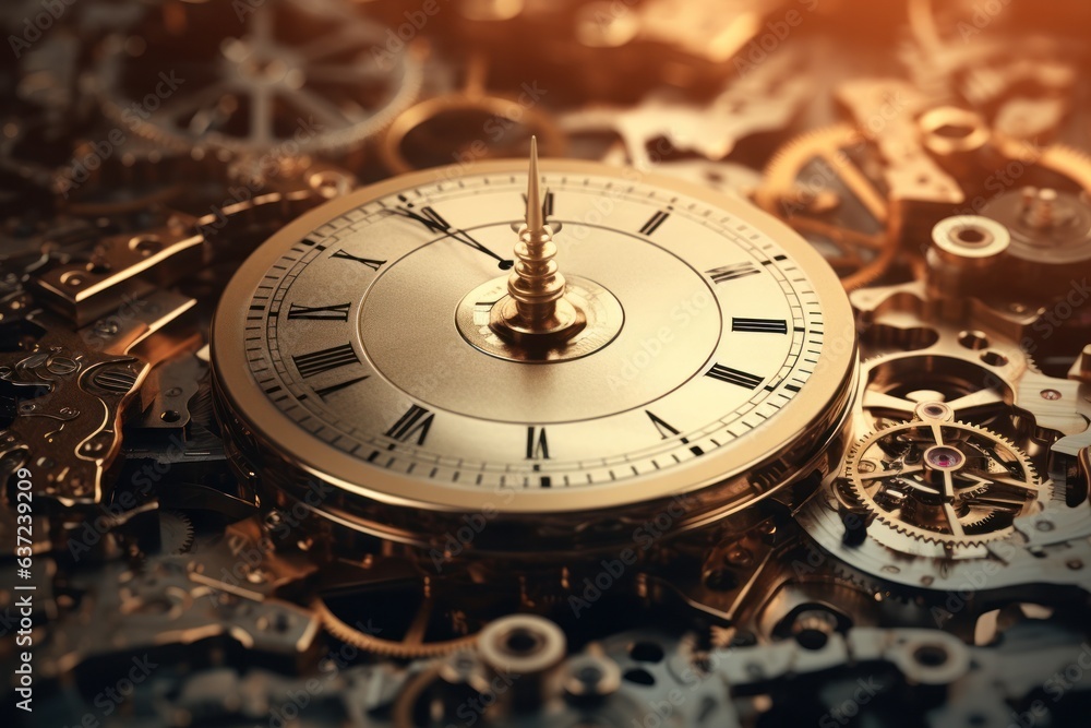 Vintage gold clock with intricate mechanical details, Roman numerals ...