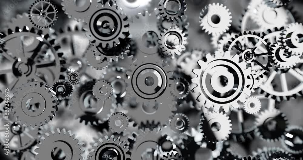 Rotation plenty of shiny metal gear wheels. Metal gear wheels turn in ...