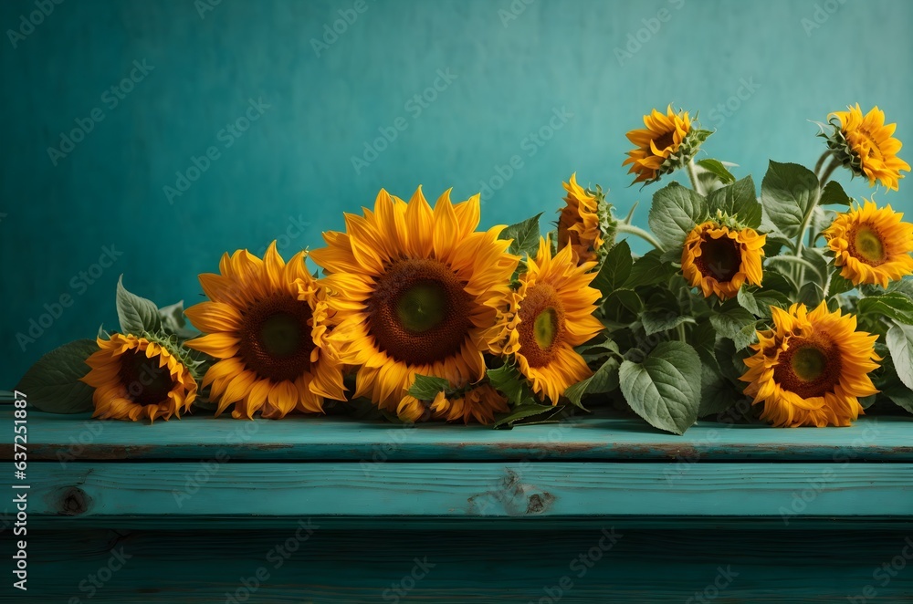 Beautiful floral background, sunflowers on teal rustic wood banner with ...