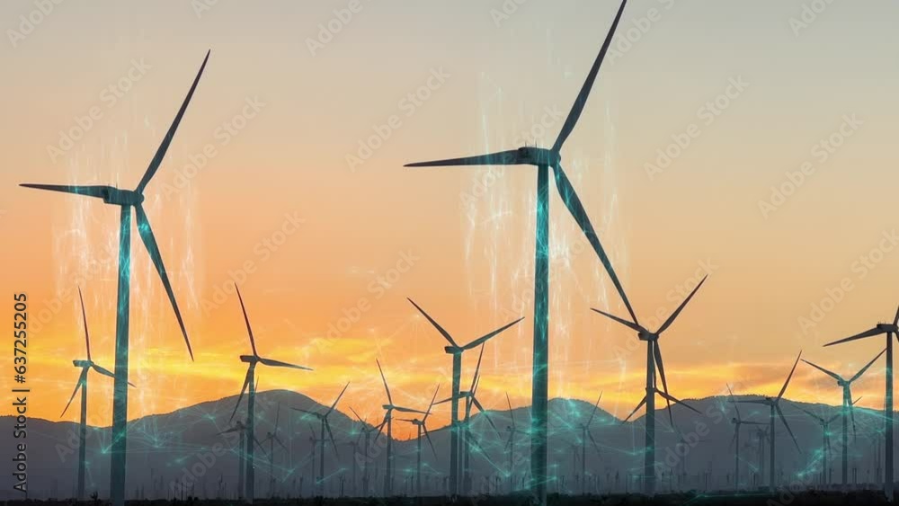 Sunset Eolic wind farm with renewable energy visualisation - animated ...
