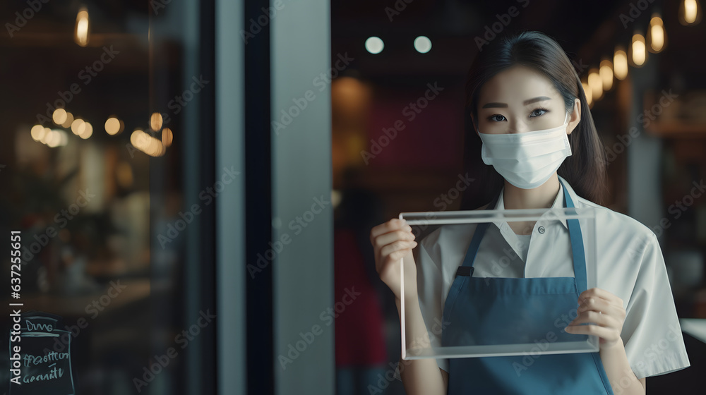 Woman coffee shop with face mask opens after lockdown quarantine. Open ...