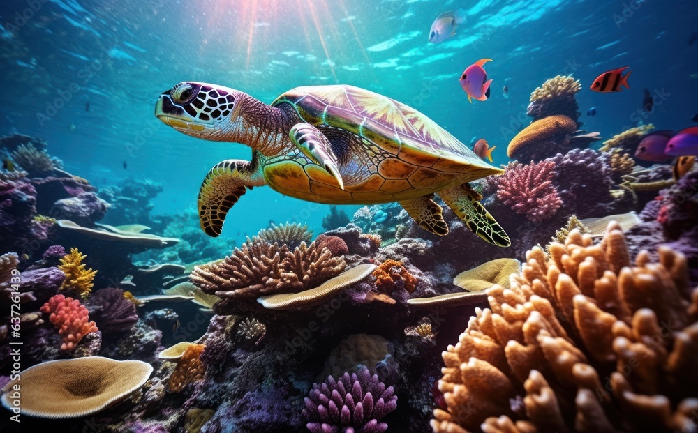 Turtle with group of colorful fish and sea animals with colorful coral ...