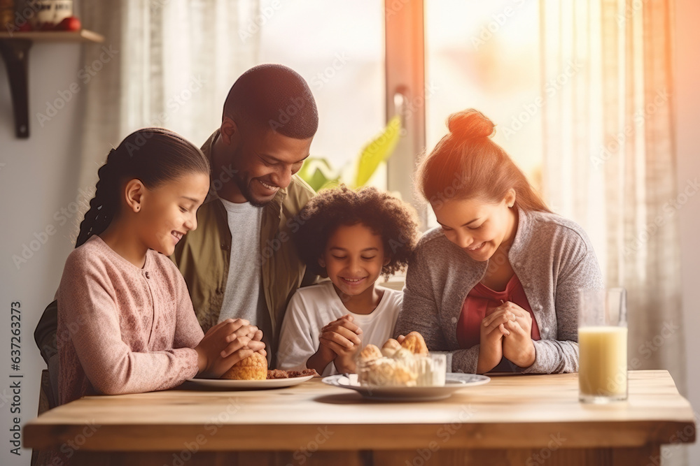 Happy multiracial family couple with children pray together before ...