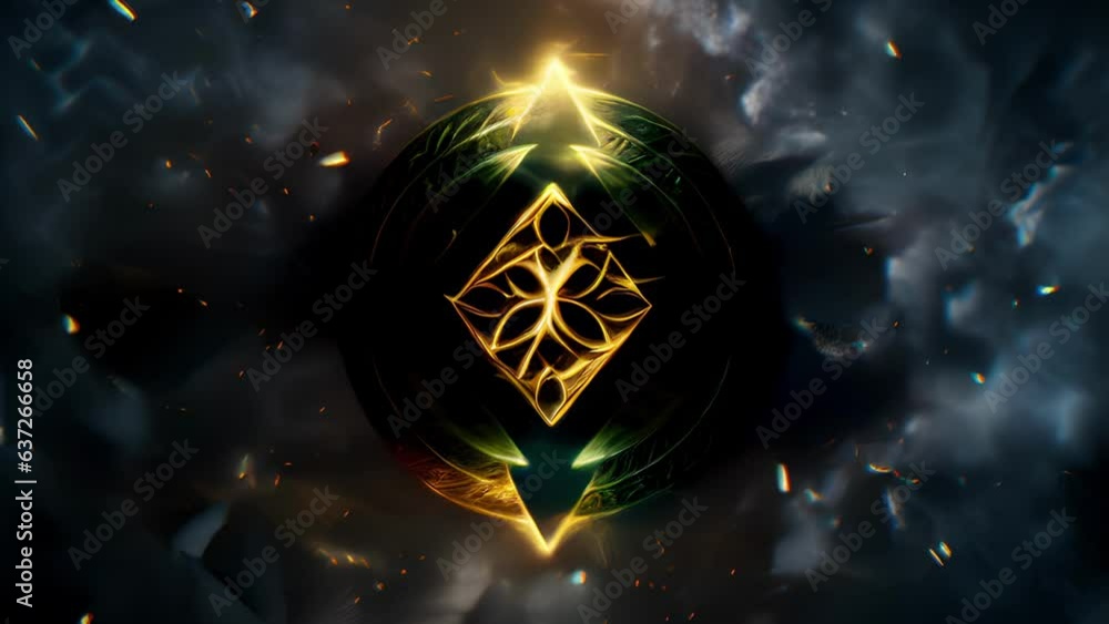 An intricate rune pattern with a bright yellow center the runes glowing ...