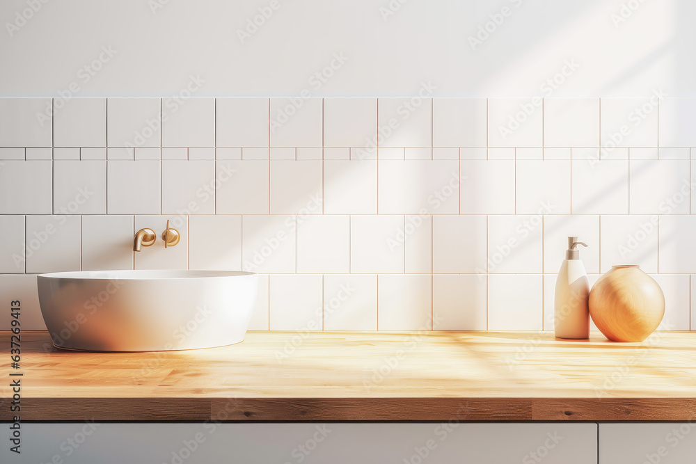 Empty wooden bath table for montage of your products opposite white ...