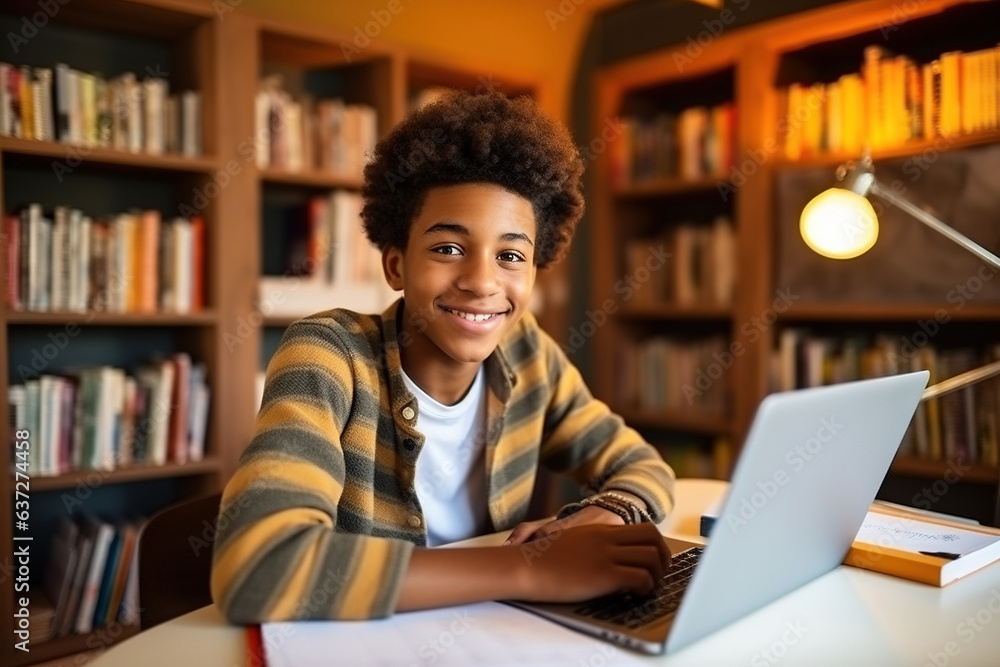 Happy African American teen student elearning at home on pc, writing ...