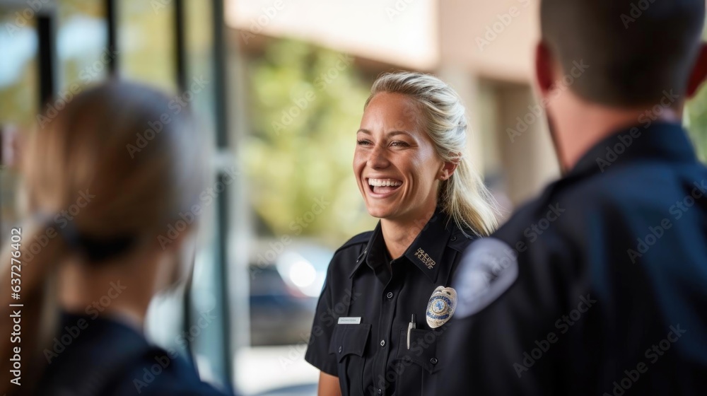 Smiling blonde female police officer talking to her colleagues Stock ...