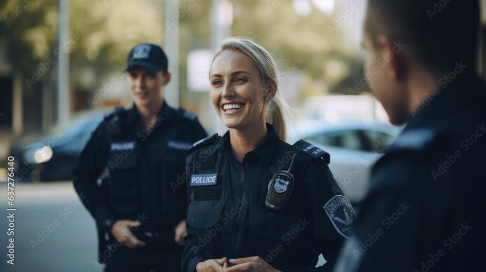 Smiling blonde female police officer talking to her colleagues Stock ...