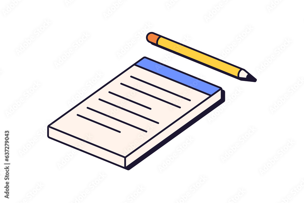Paper notebook and pencil. Notepad page with information. Memo sticky ...