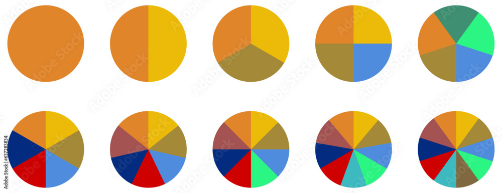 Collection of circle pie chart icons. Colorful diagram with 10 sections ...