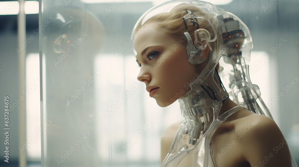 Generative AI, beautiful blonde robot girl, cyborg, android, modern ...