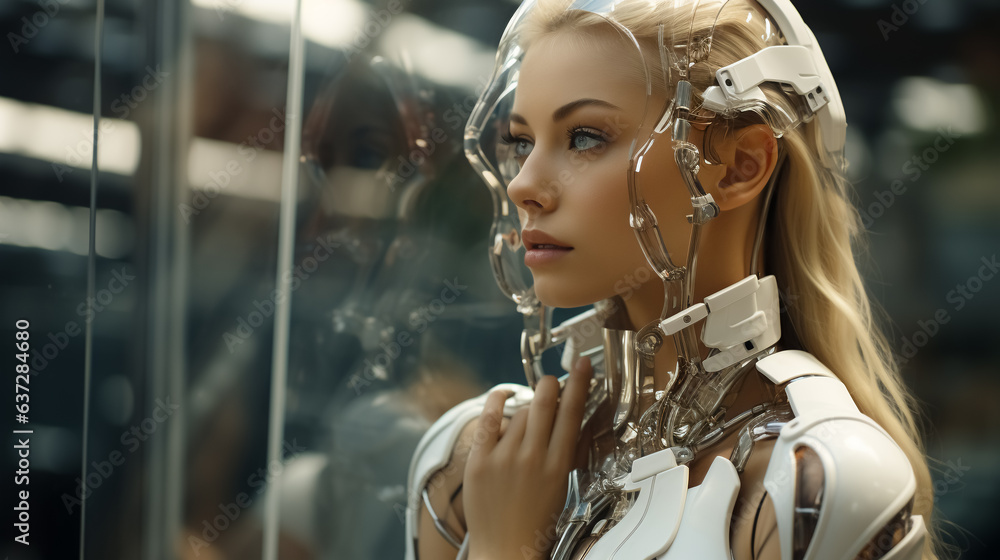 Generative AI, beautiful blonde robot girl, cyborg, android, modern ...