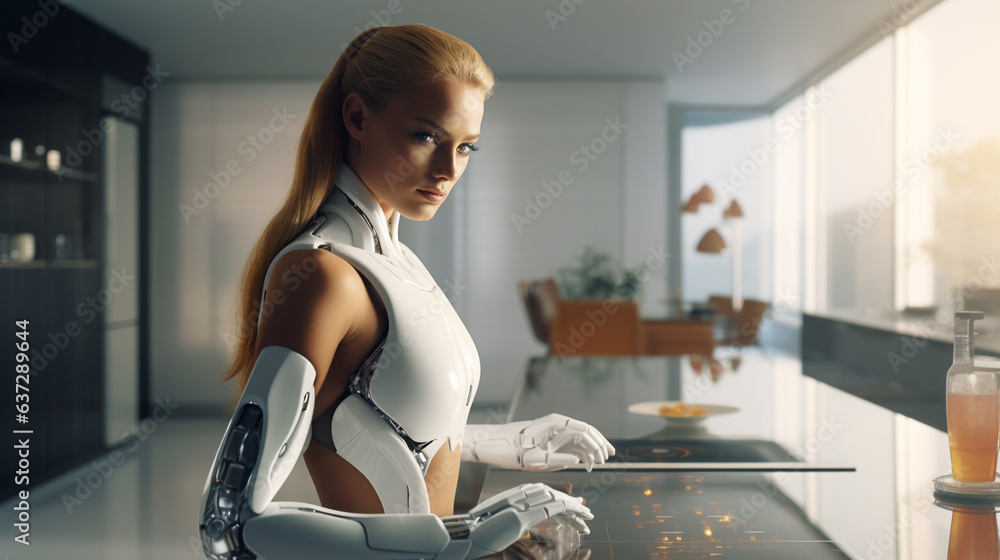 Generative AI, beautiful blonde robot girl, cyborg, android, modern ...