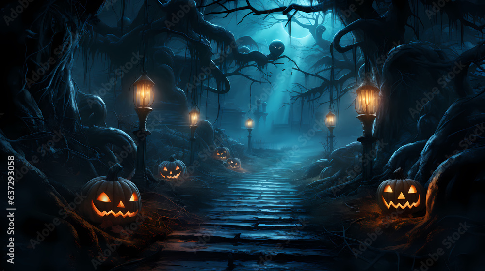 Halloween background with pumpkins and winding pathway through a dark ...