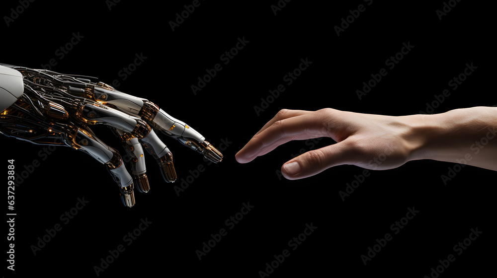 The human finger delicately touches the finger of a robot's metallic ...