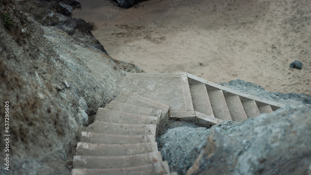 At Marshall Beach in San Francisco, steps lead down the side of a cliff ...