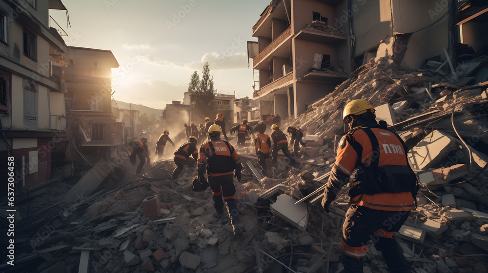 Rescuers in uniform and helmets dismantle the rubble of houses after ...