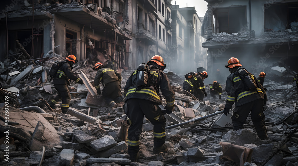 Rescuers in uniform and helmets dismantle the rubble of houses after ...