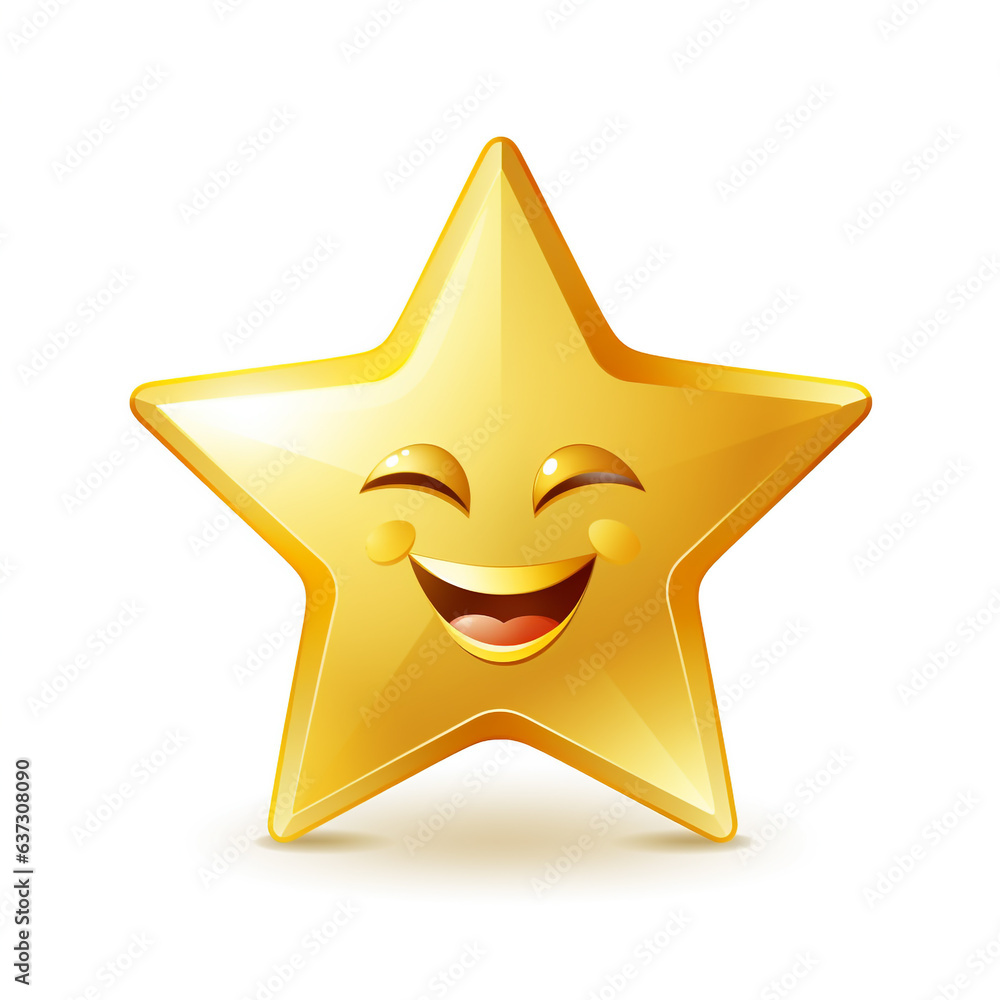 gelber goldener fröhlicher lachender Stern mit Gesicht auf weißem ...