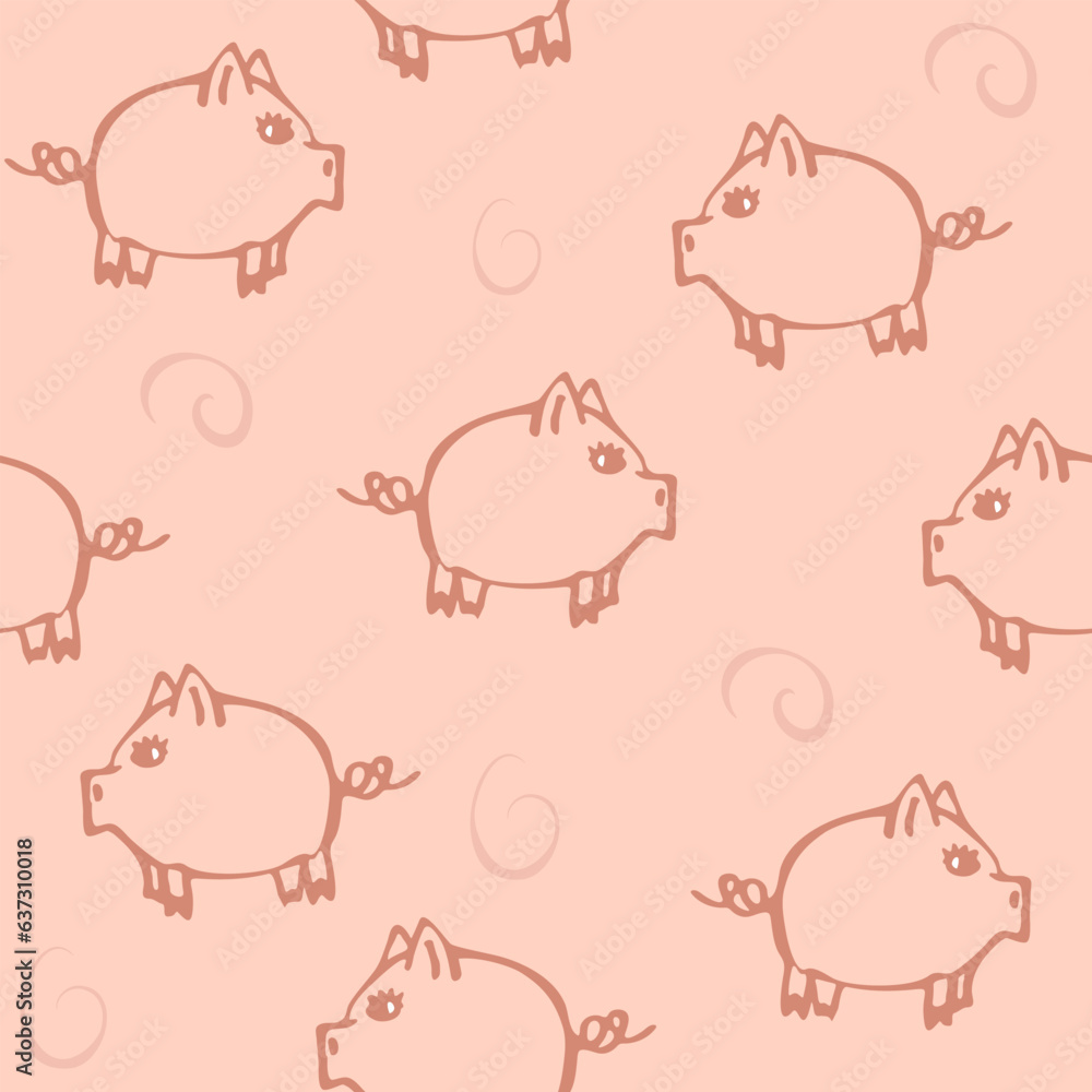 Powder pink pattern with a primitive image of piglets. Bottom ...