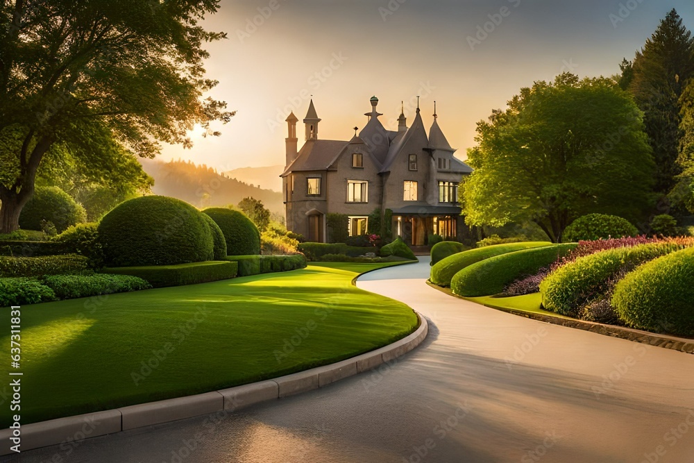 Curved bushes on the road side of the lawn in the front yard. Front ...