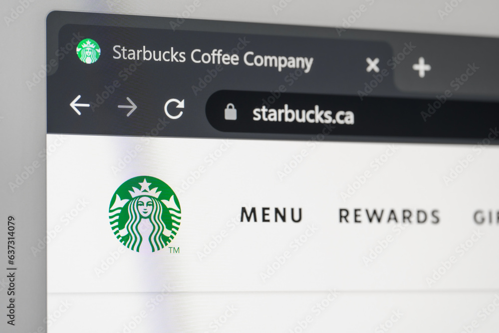 Dnipro, Ukraine 05.07.2023: Starbucks website on computer screen. The ...